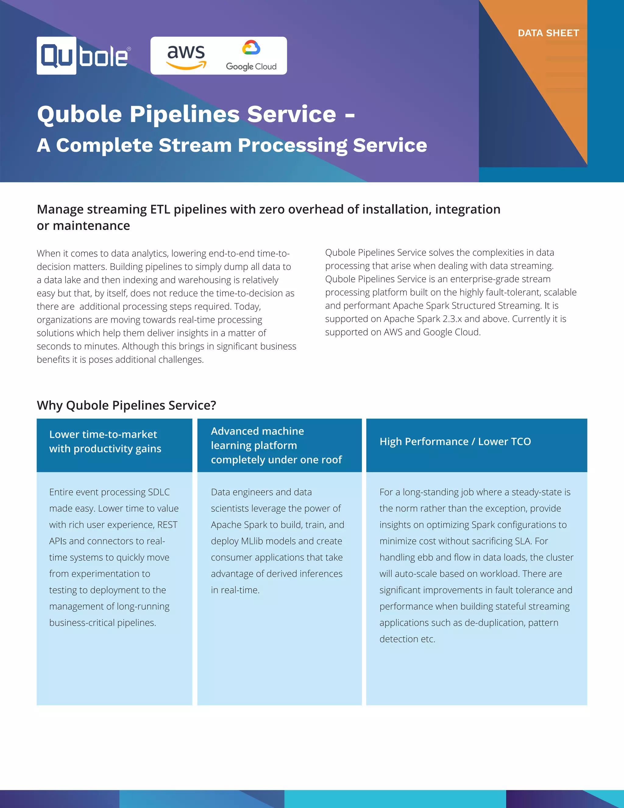 Qubole Pipeline Services A Complete Stream Processing Service Data Sheets Pdf