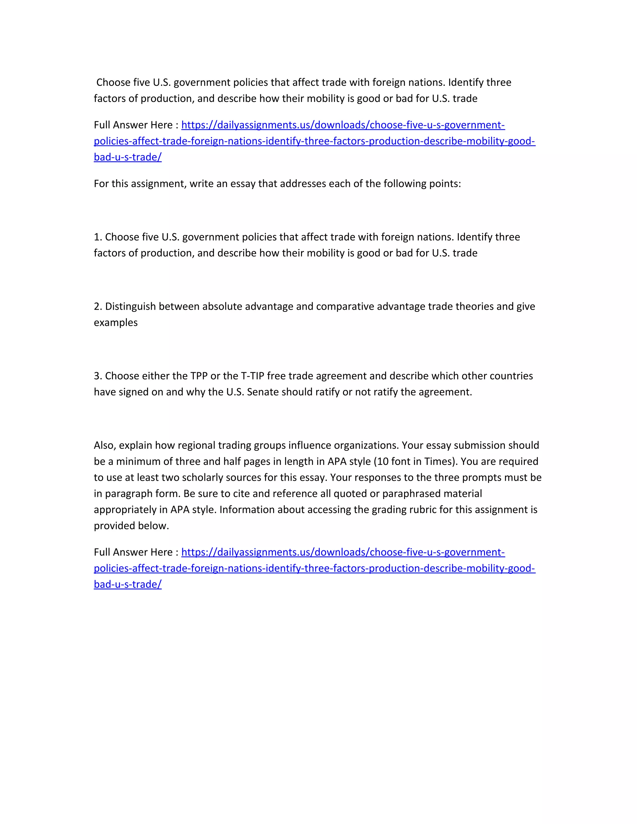 Choose five U.S. government policies that affect trade with foreign ...