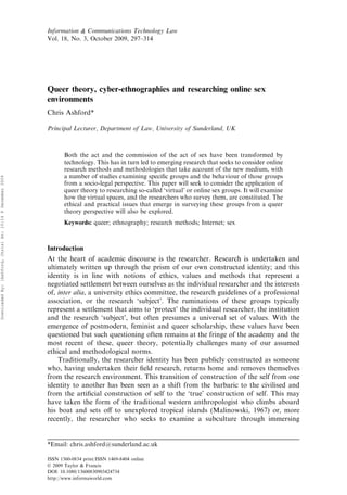 Queer theory, cyber ethnography | PDF