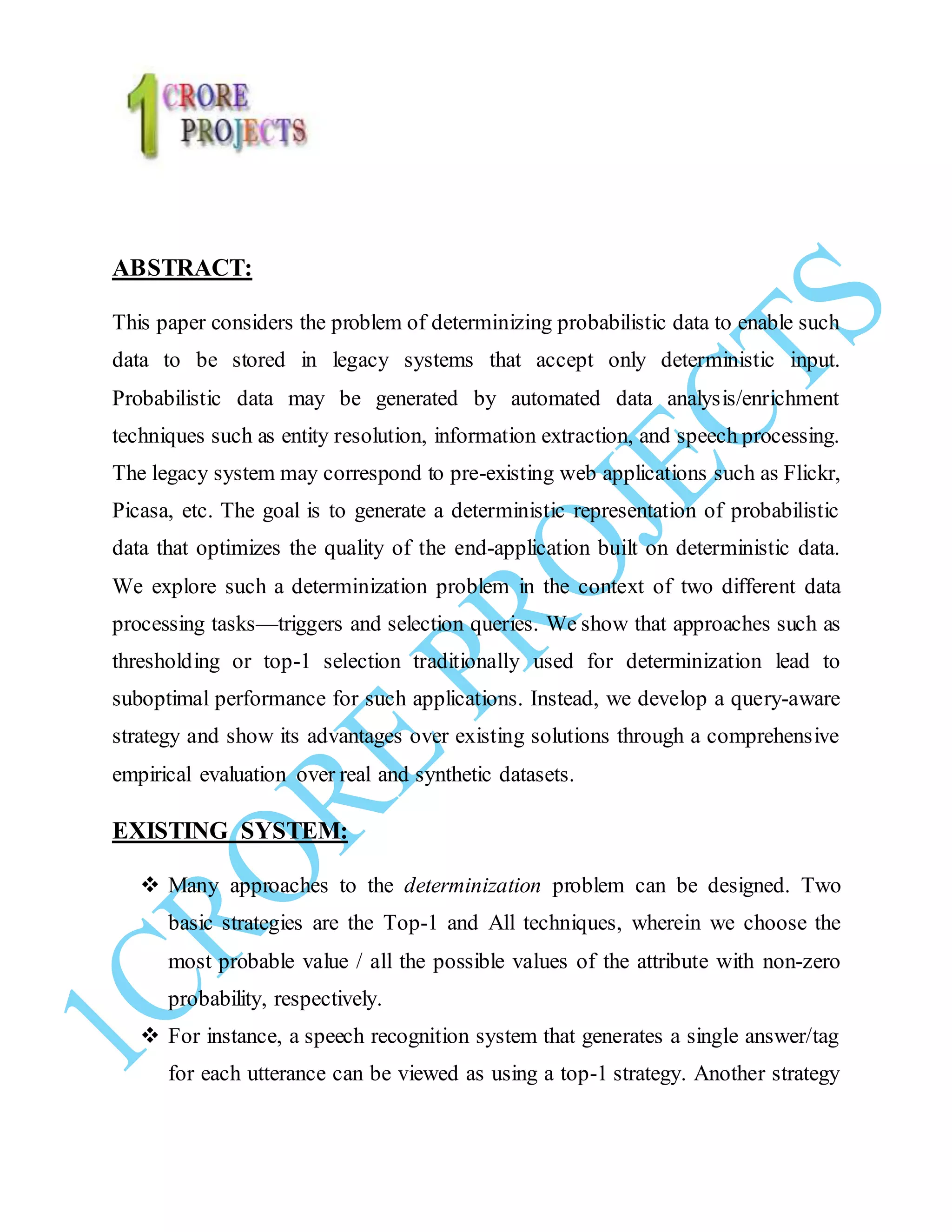 Ieee Projects 2015 Query Aware Determinization Of Uncertain Objects