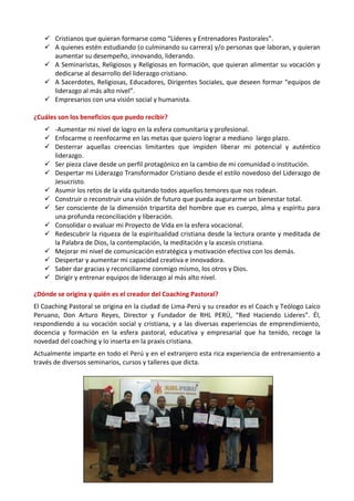 Qué es el coaching pastoral destinatarios y beneficios | PDF
