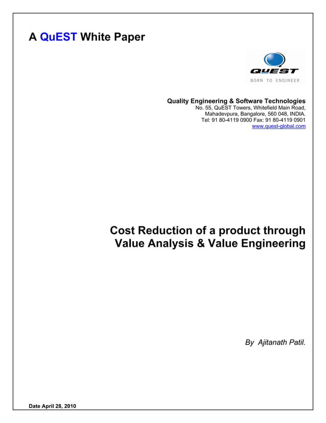 Cost Reduction of a product through Value Analysis & Value Engineering | PDF