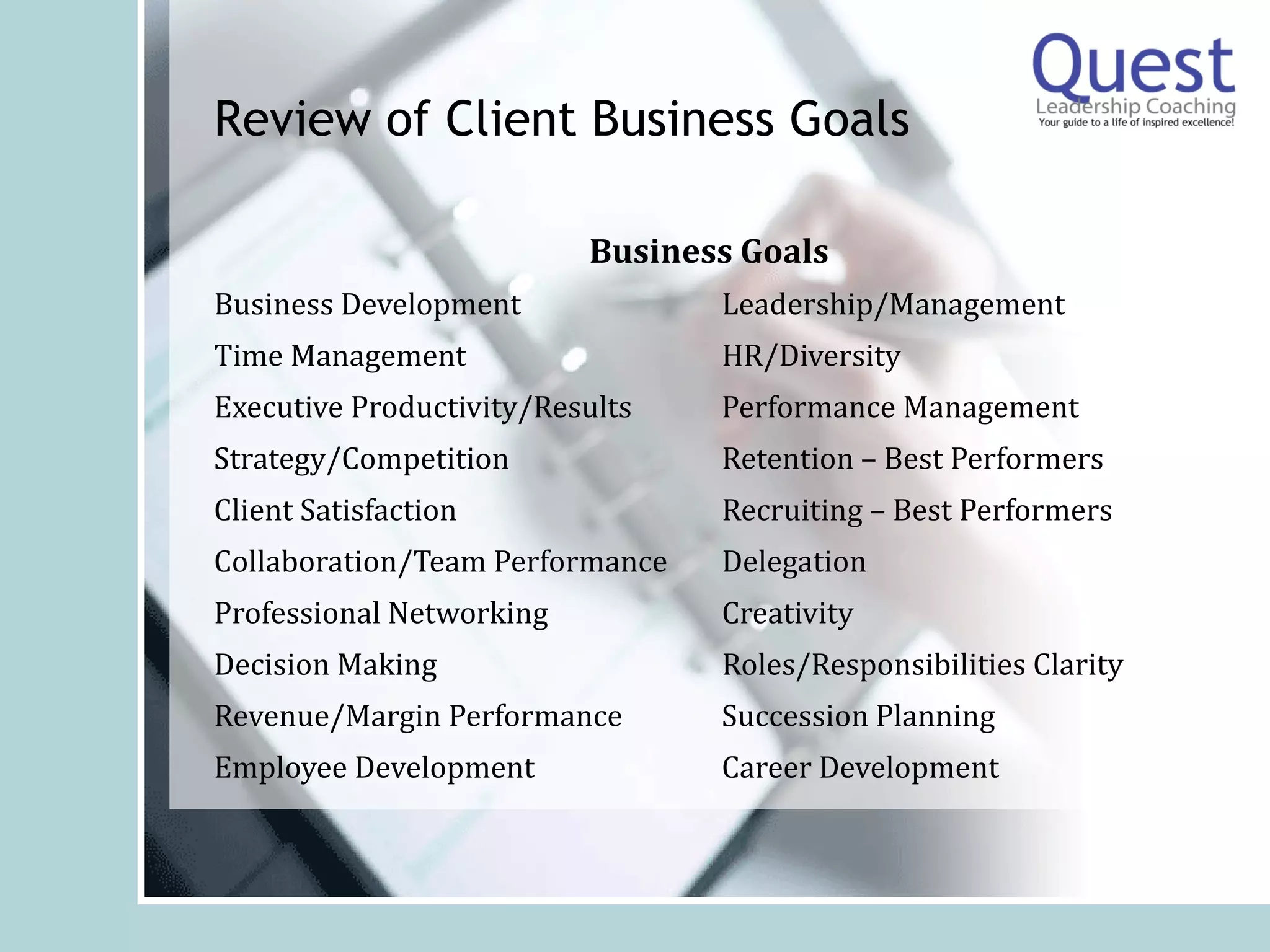 Quest Leadership Coaching Value Proposition | PPT