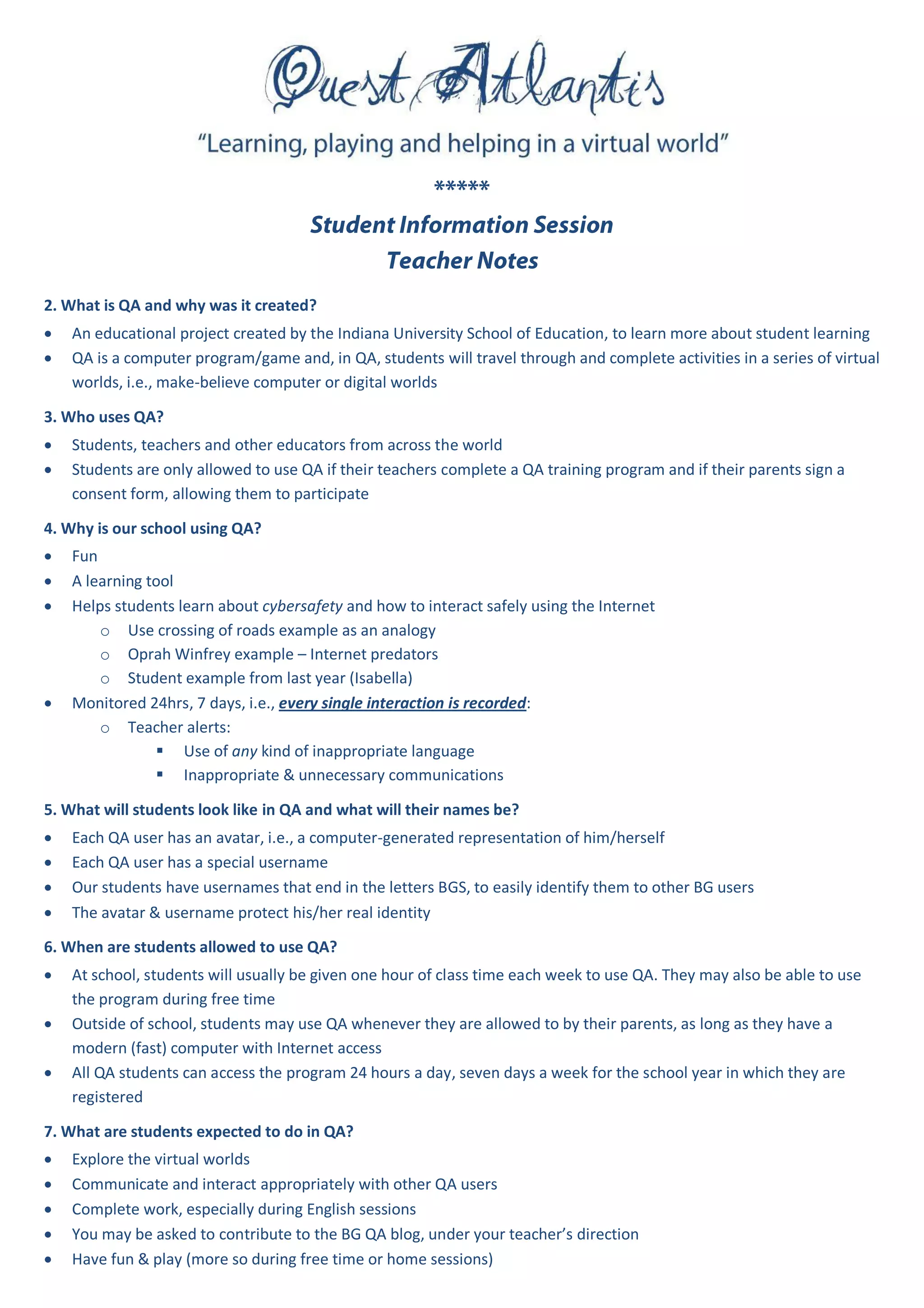 Quest Atlantis Student Information Session - Teacher Notes | PDF