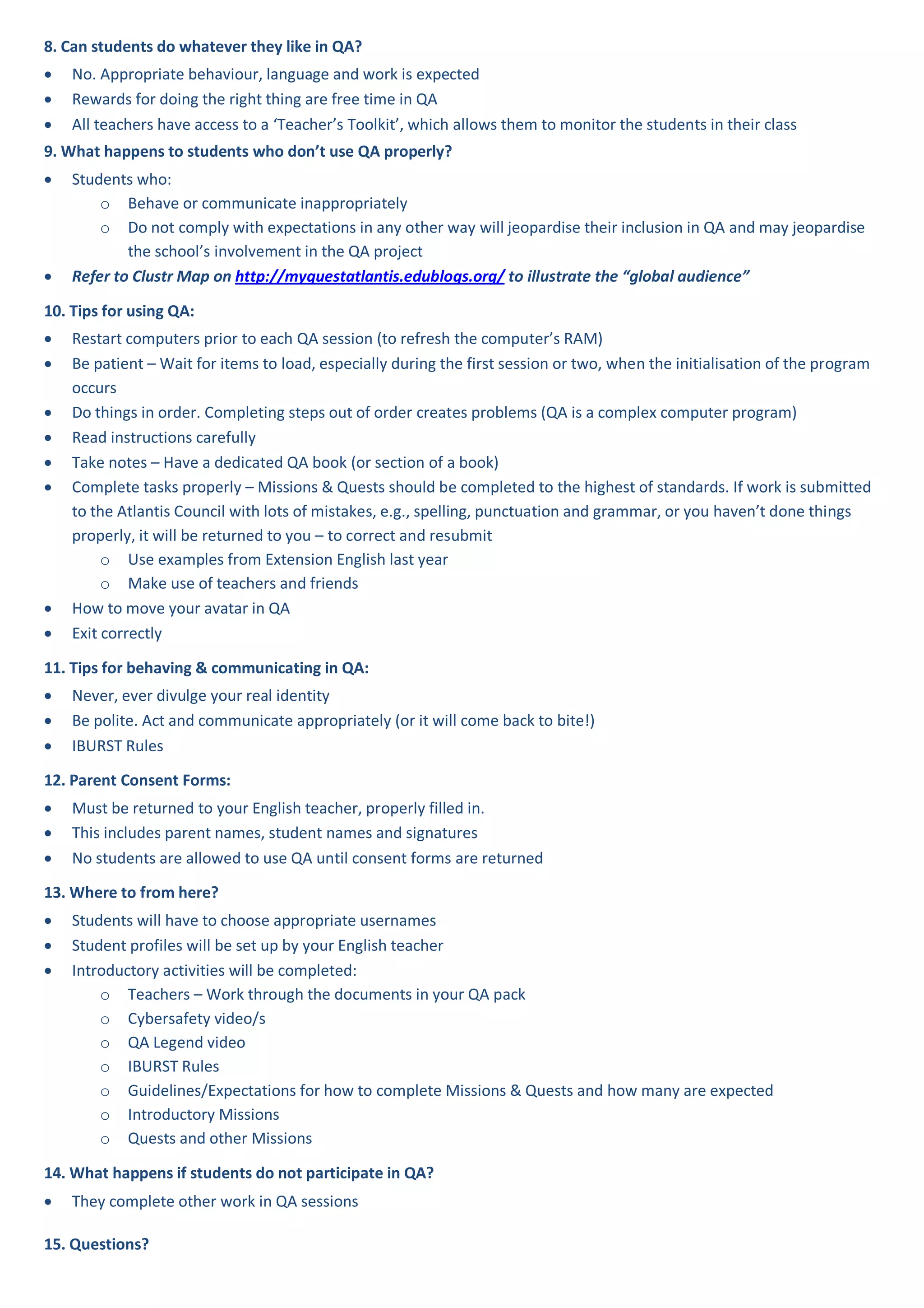 Quest Atlantis Student Information Session - Teacher Notes | PDF