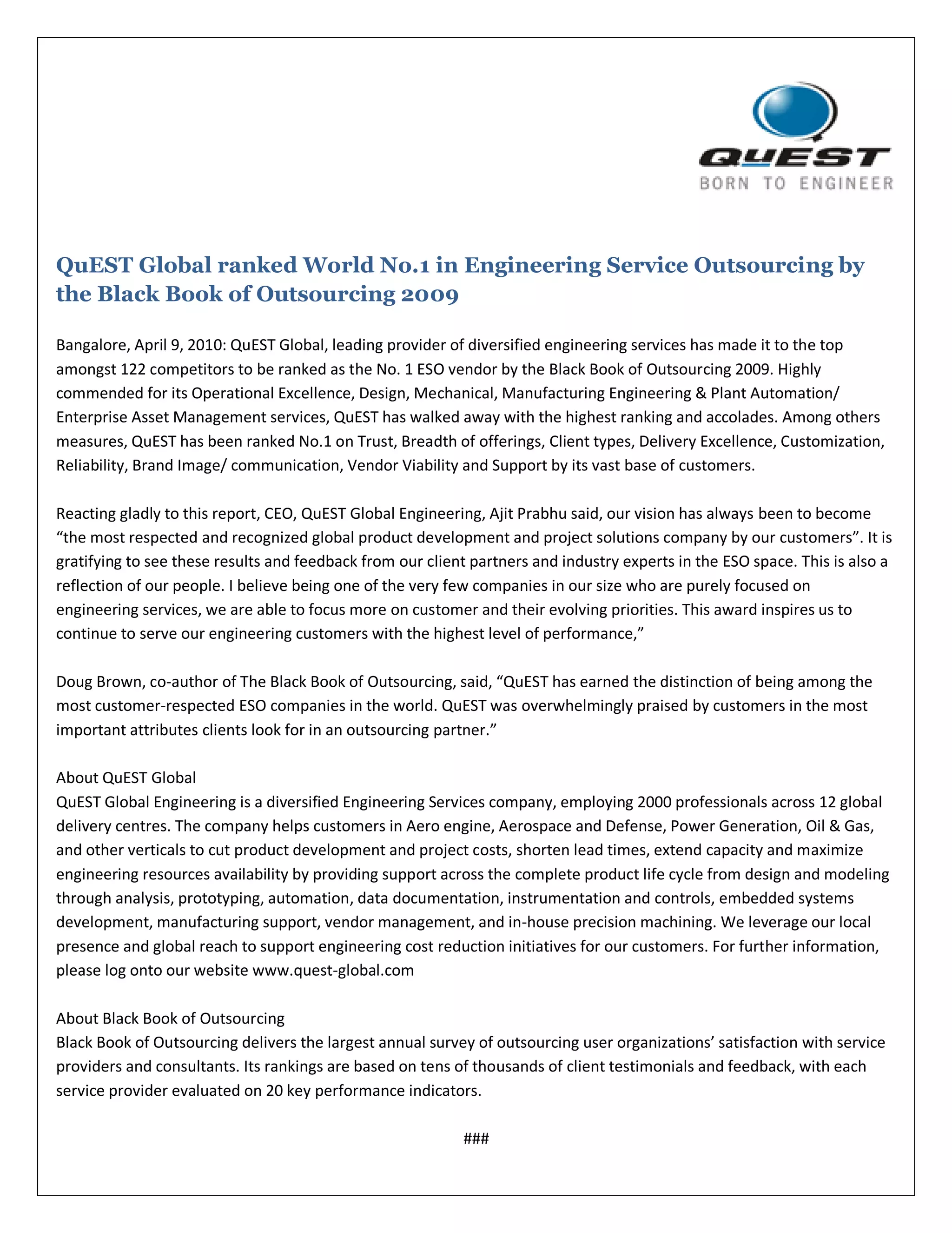 QuEST Global ranked World No.1 in Engineering Service Outsourcing by ...