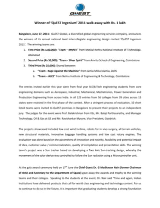 Winners of ‘QuEST Ingenium’ 2011 walk away with cash price