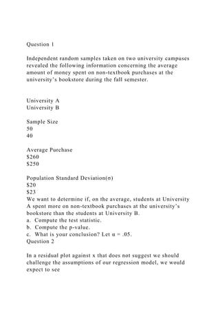 Question 1 Independent random samples taken on two university .docx