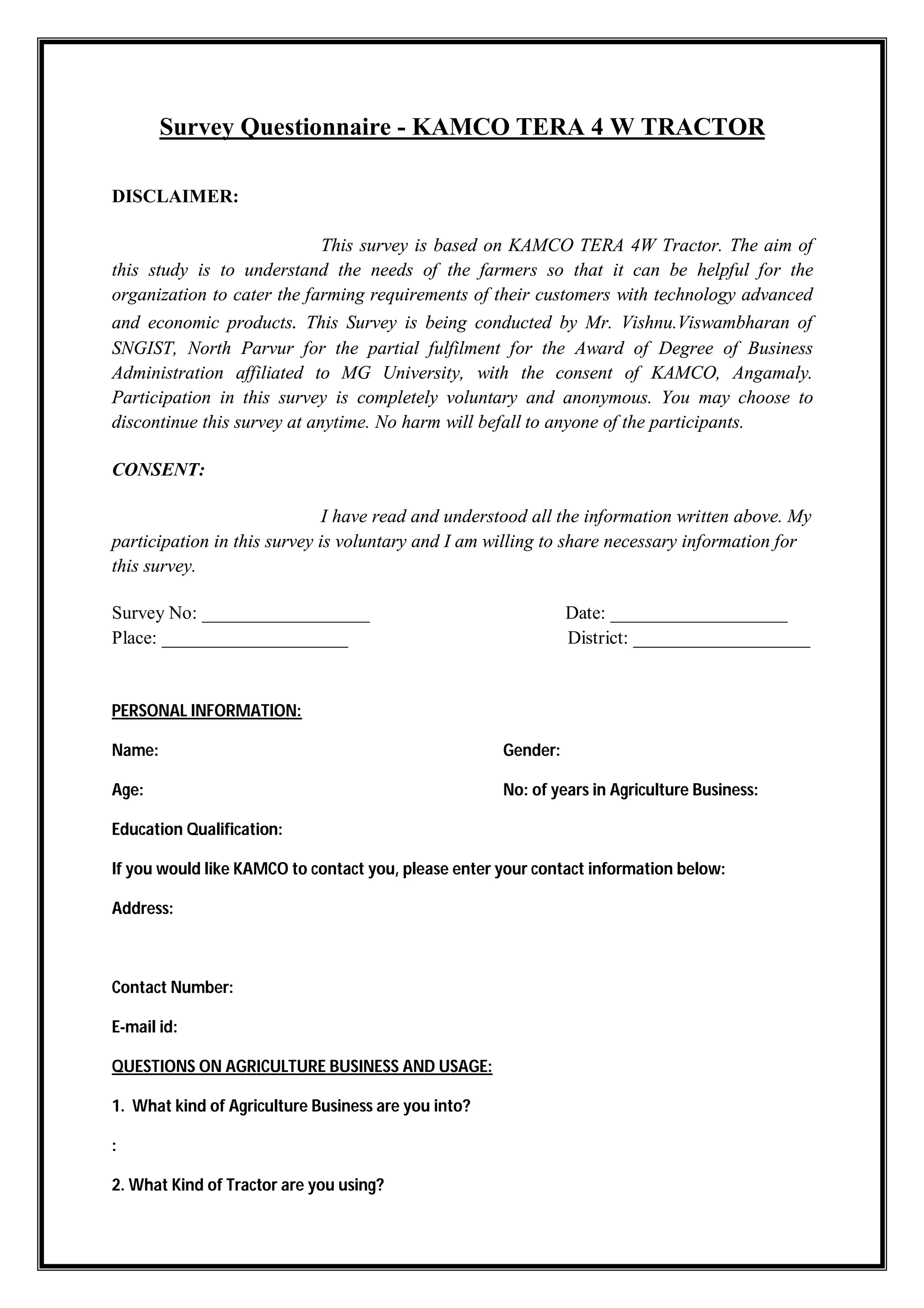 KAMCO - Survey Questionnaire - KAMCO TERA 4 W TRACTOR | PDF