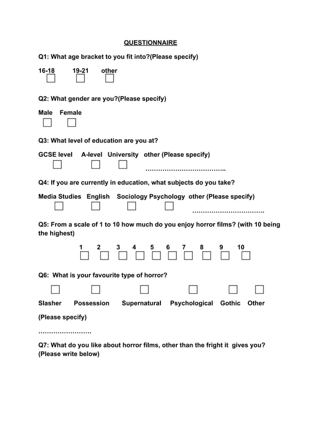 Questionair eforfilmhorror | PDF | Movies | Entertainment