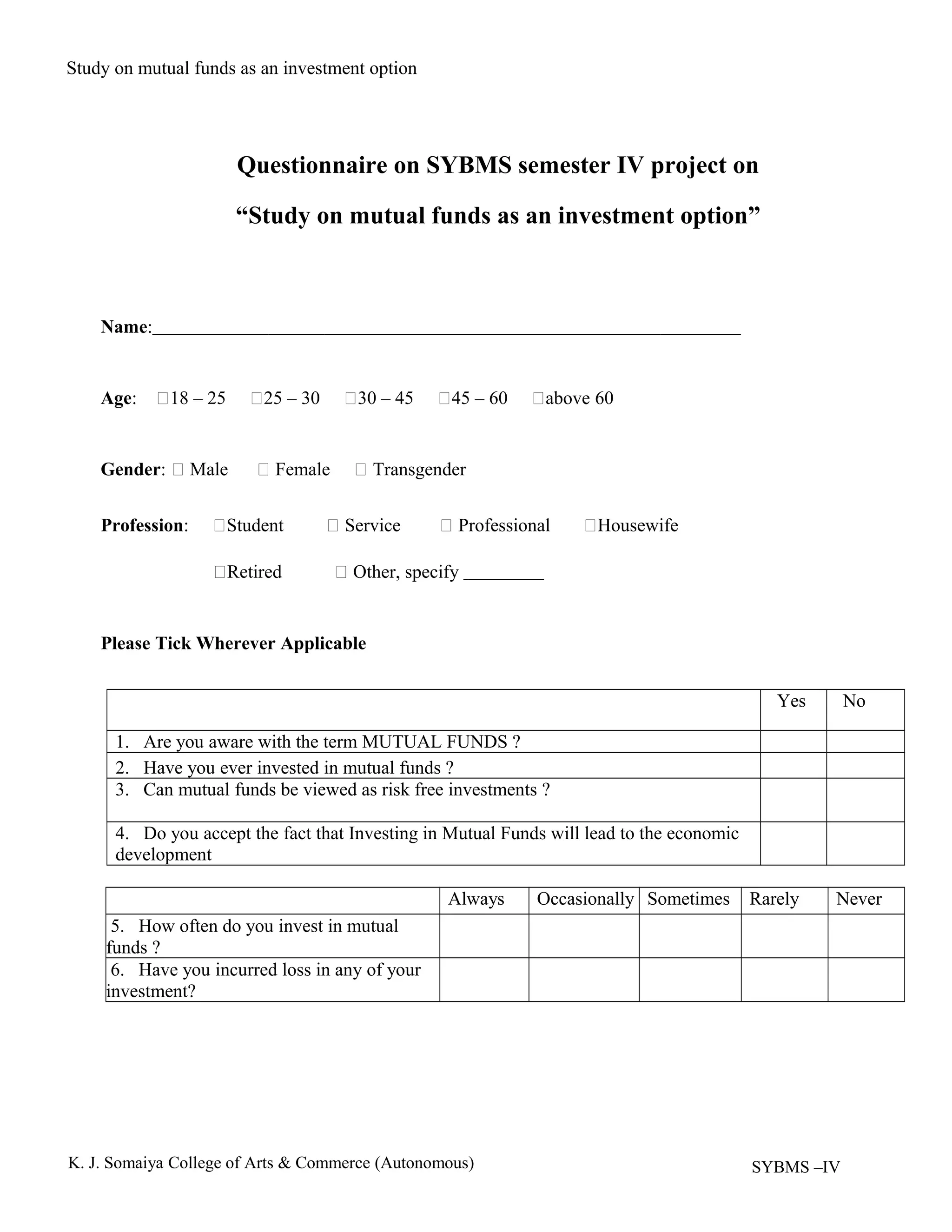 Questionaire format1 (1) | DOC