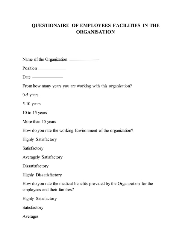 Questionaire of employees facilities in the organisation | DOCX
