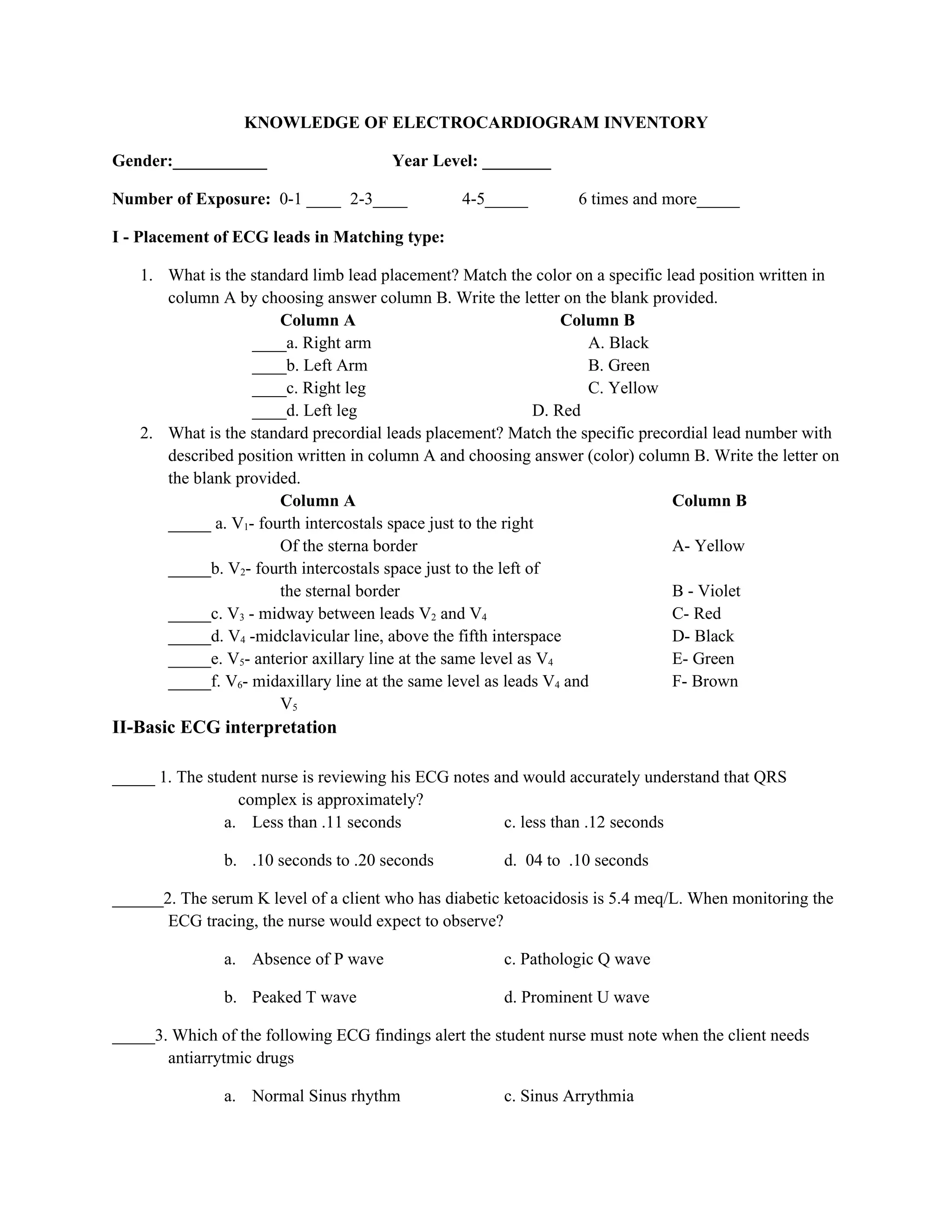 ECG 12 LEADS QUESTIONNAIRE | DOC