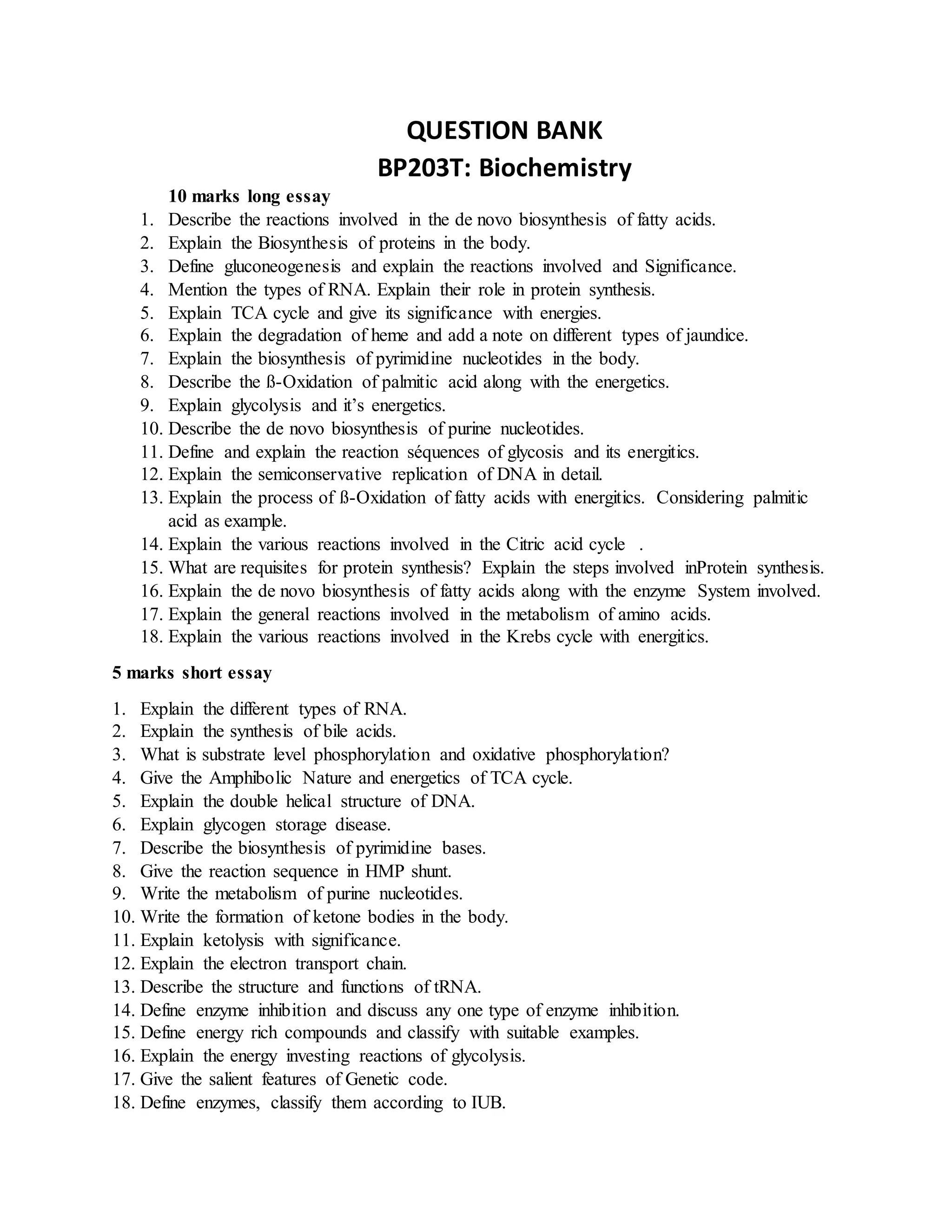 Question bank of Biochem | DOCX