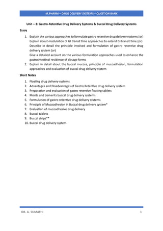 M.Pharm - Question Bank - Drug Delivery Systems | PDF