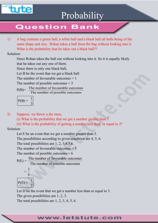 Probability - Question Bank for Class/Grade 10 maths. | PDF