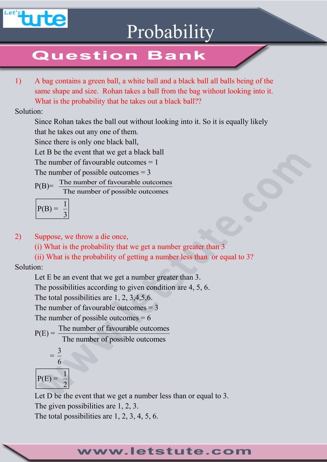 Probability - Question Bank for Class/Grade 10 maths. | PDF