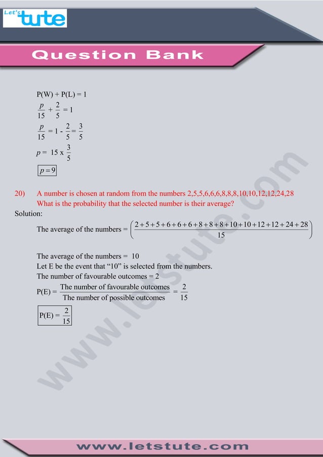 Probability - Question Bank for Class/Grade 10 maths. | PDF