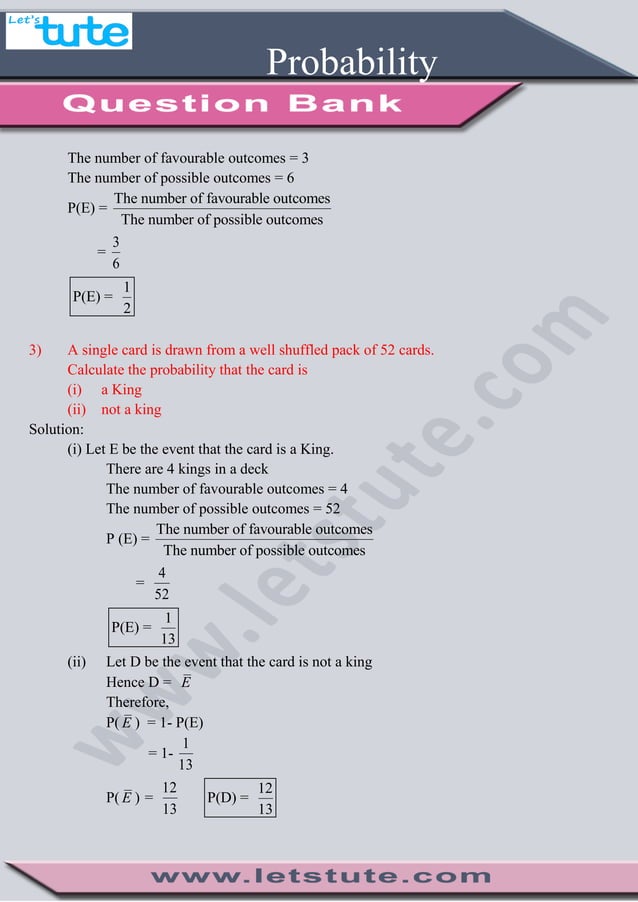 Probability - Question Bank for Class/Grade 10 maths. | PDF