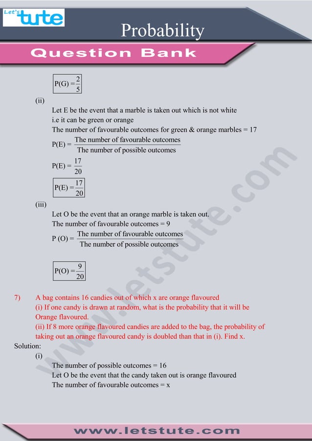 Probability - Question Bank for Class/Grade 10 maths. | PDF