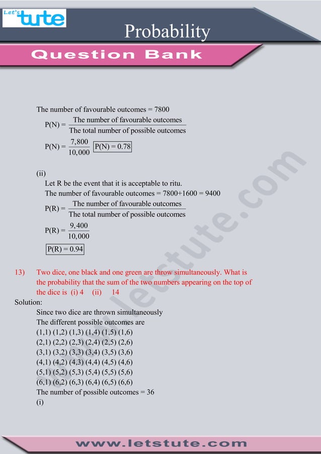Probability - Question Bank for Class/Grade 10 maths. | PDF