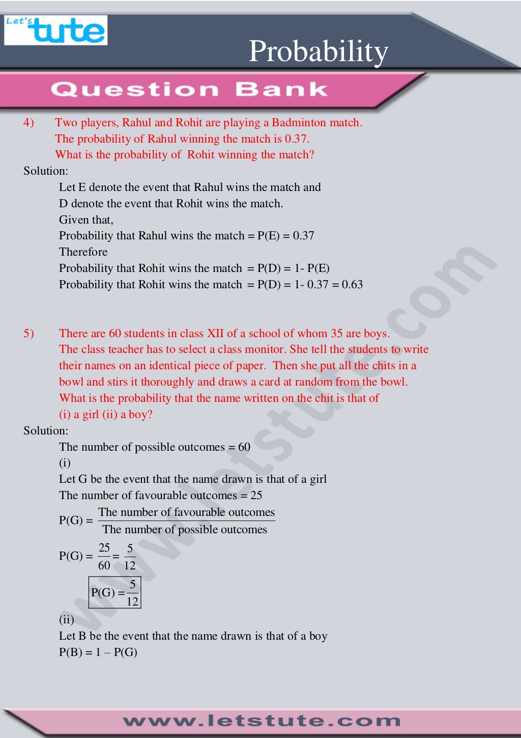 Probability - Question Bank for Class/Grade 10 maths.