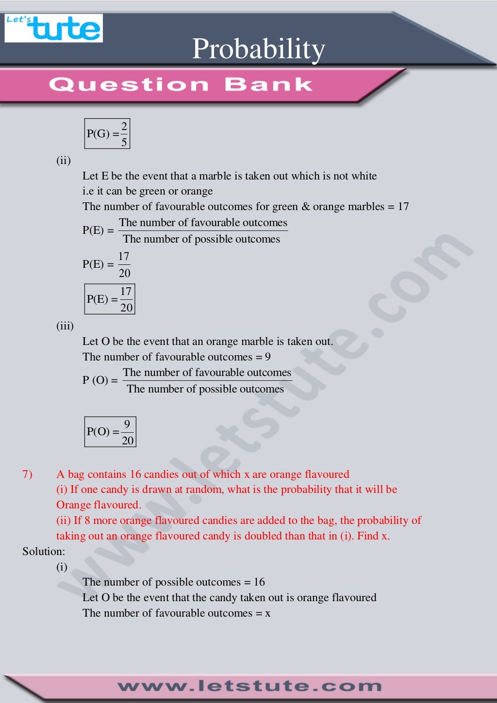 Probability - Question Bank for Class/Grade 10 maths.