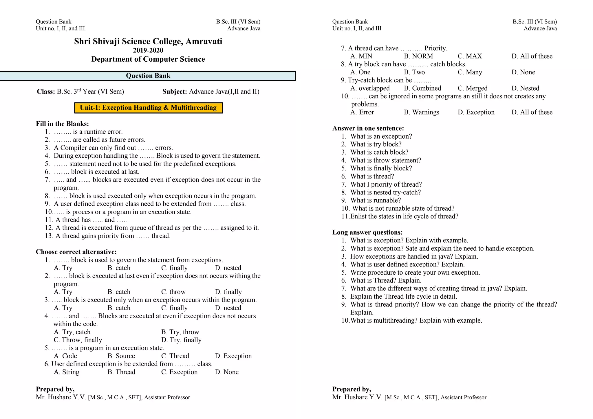 B.Sc. III(VI Sem) Question Bank Advance Java(Unit:1,2, and 5) | PDF