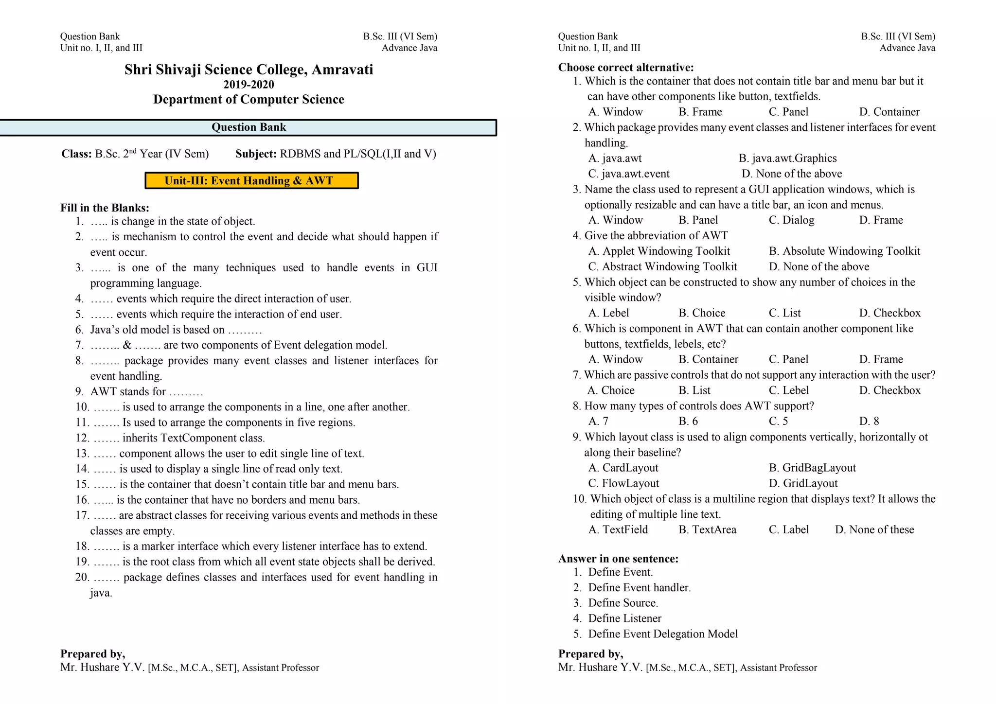B.Sc. III(VI Sem) Question Bank Advance Java(Unit:1,2, and 5) | PDF