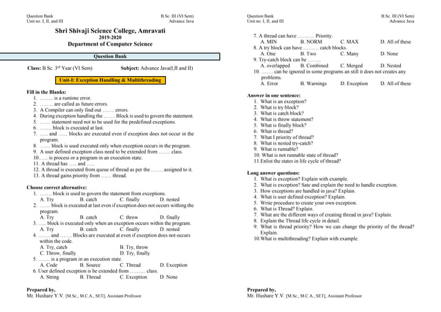 B.Sc. III(VI Sem) Question Bank Advance Java(Unit:1,2, and 5) | PPT