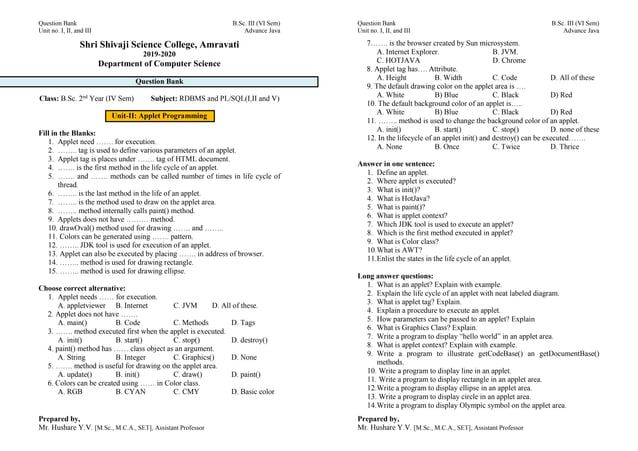 B.Sc. III(VI Sem) Question Bank Advance Java(Unit:1,2, and 5) | PPT