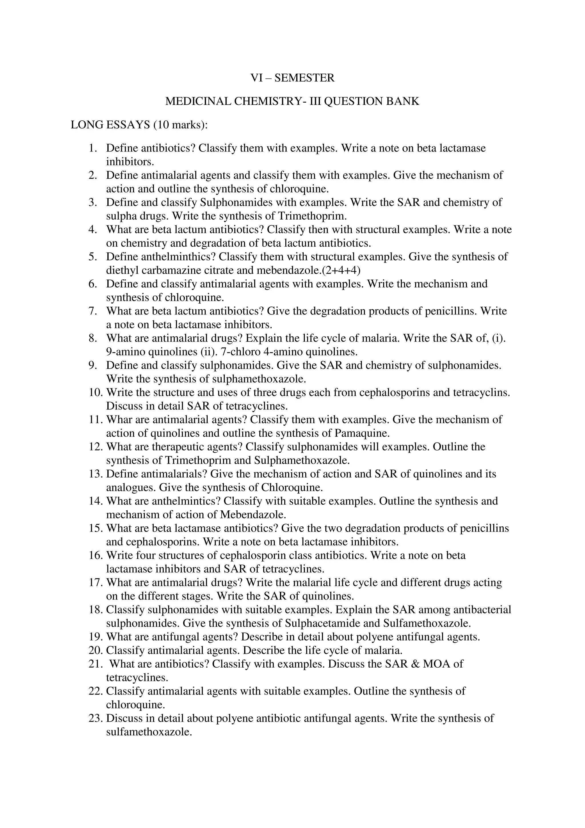 QUESTION BANK OF MEDICINAL CHEMISTRY 3 OF 6TH SEMESTER 3RD YEAR B ...