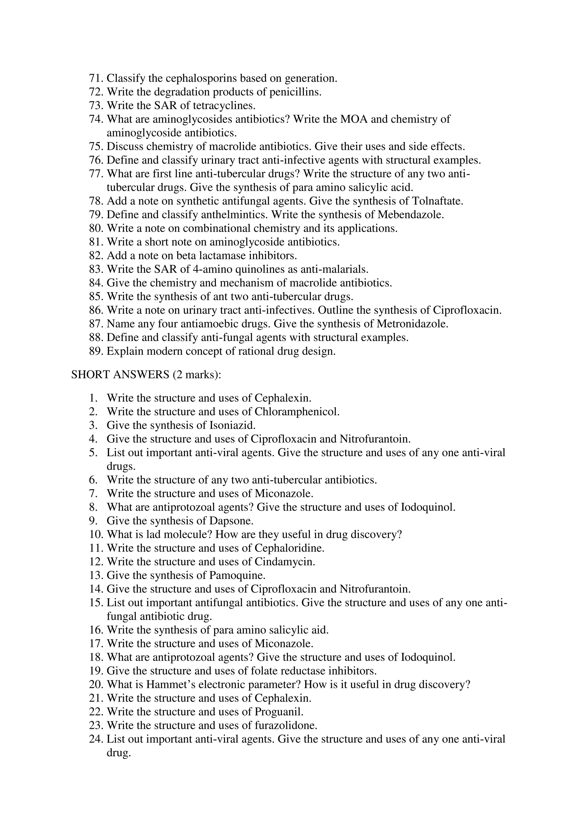 QUESTION BANK OF MEDICINAL CHEMISTRY 3 OF 6TH SEMESTER 3RD YEAR B ...