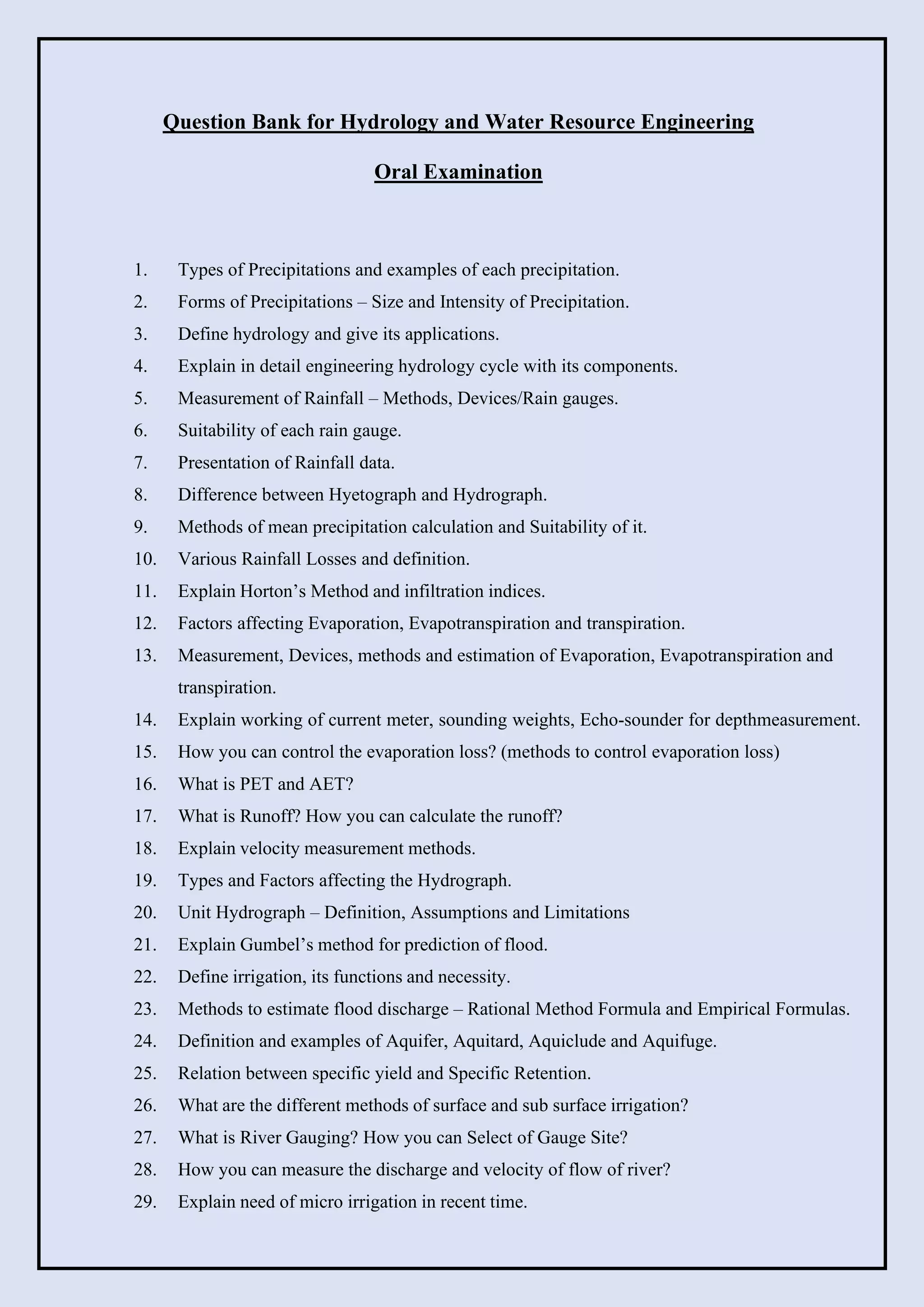 Question bank of Hydrology and Water Resources Engineering Oral/VIva ...
