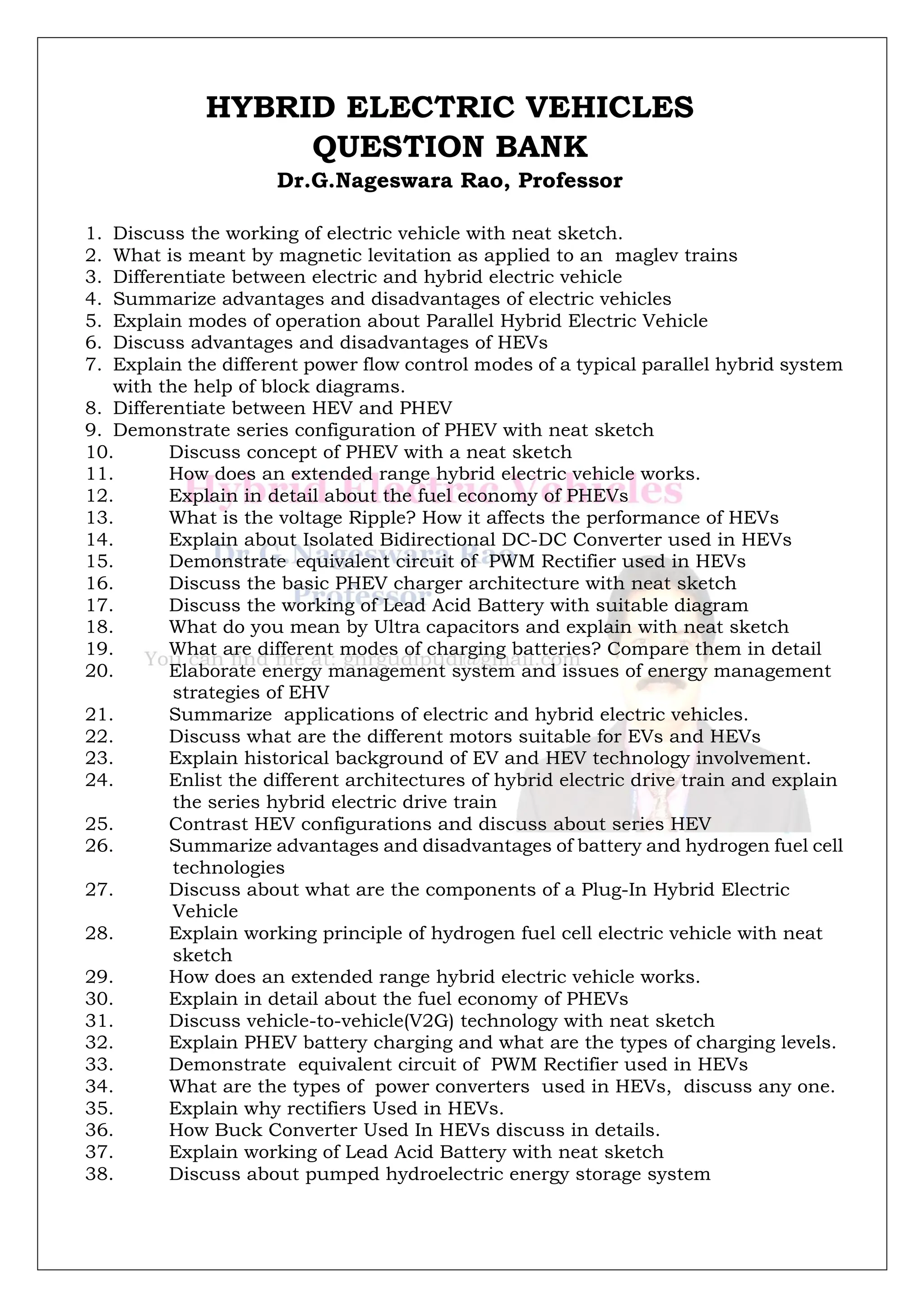 Question Bank on Hybrid Electrical Vehicles | PDF