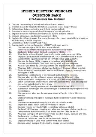 Question Bank on Hybrid Electrical Vehicles | PDF