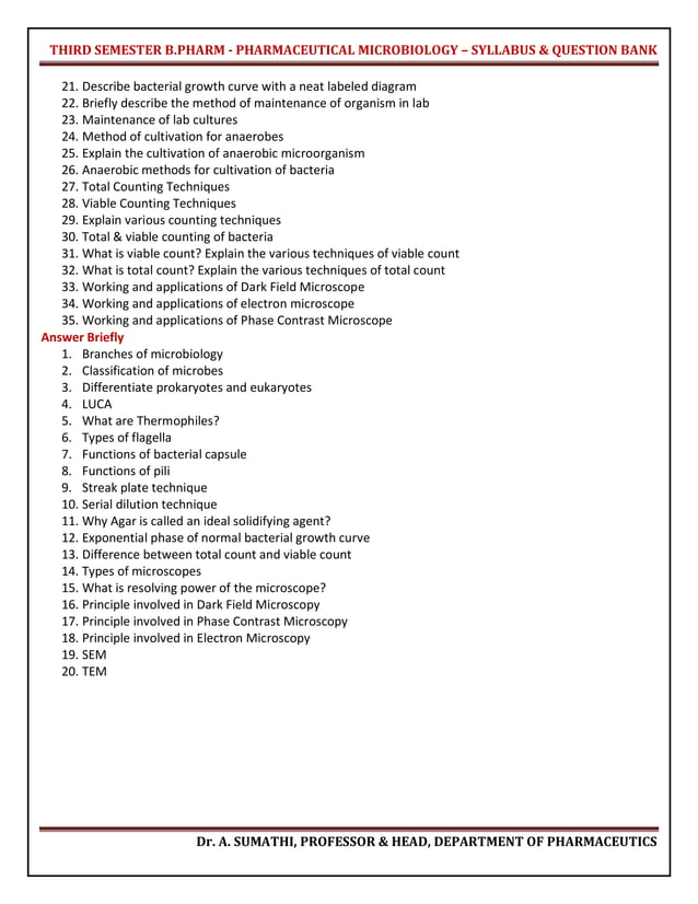 Dr. A. Sumathi - Question Bank_Third Semester - Pharmaceutical Microbiology | PDF | Biological ...