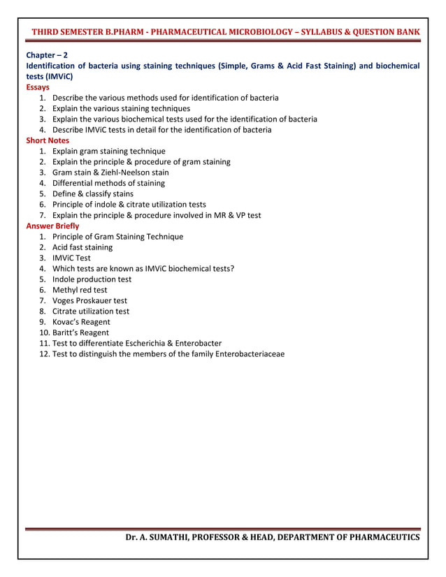 Dr. A. Sumathi - Question Bank_Third Semester - Pharmaceutical Microbiology | PDF | Biological ...