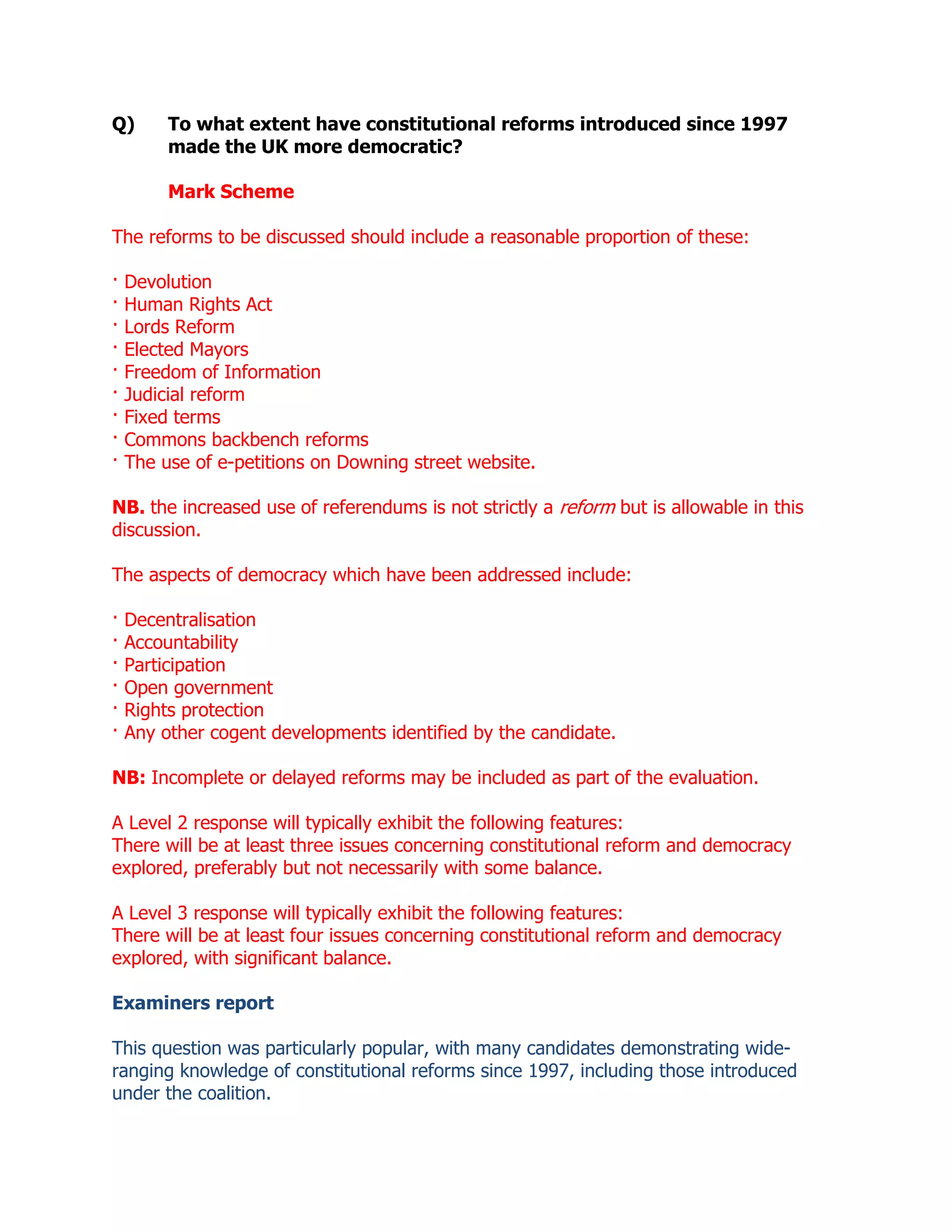 Question, mark scheme, examiners report and model answer jan 13 | PDF