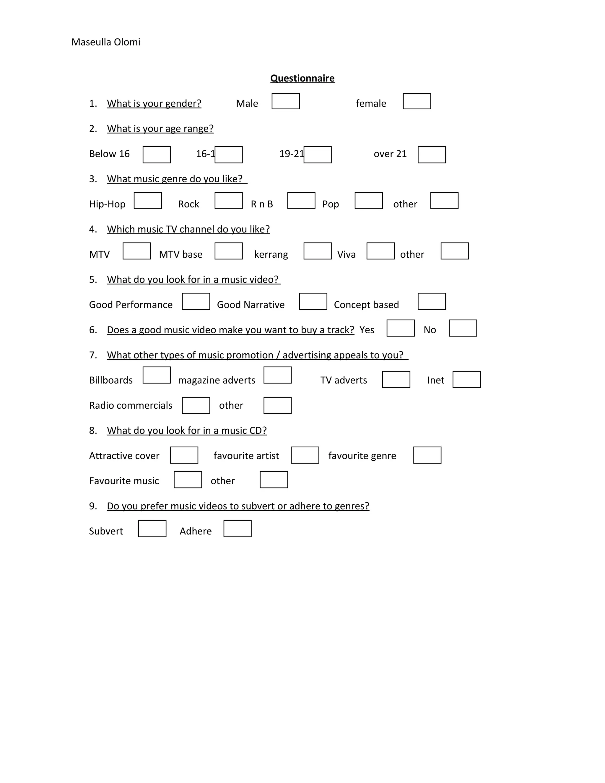 Questionnaire | DOC | Music | Entertainment