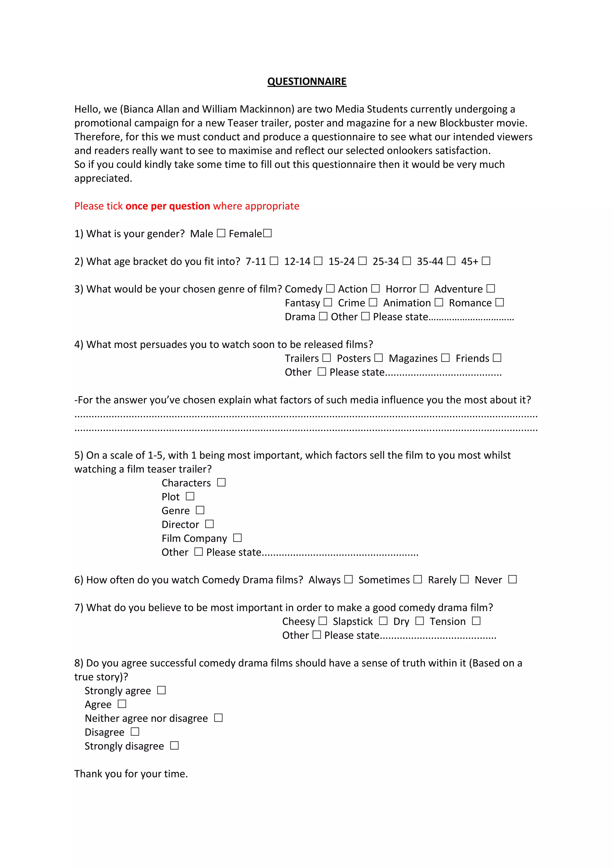 Questionnaire | DOCX