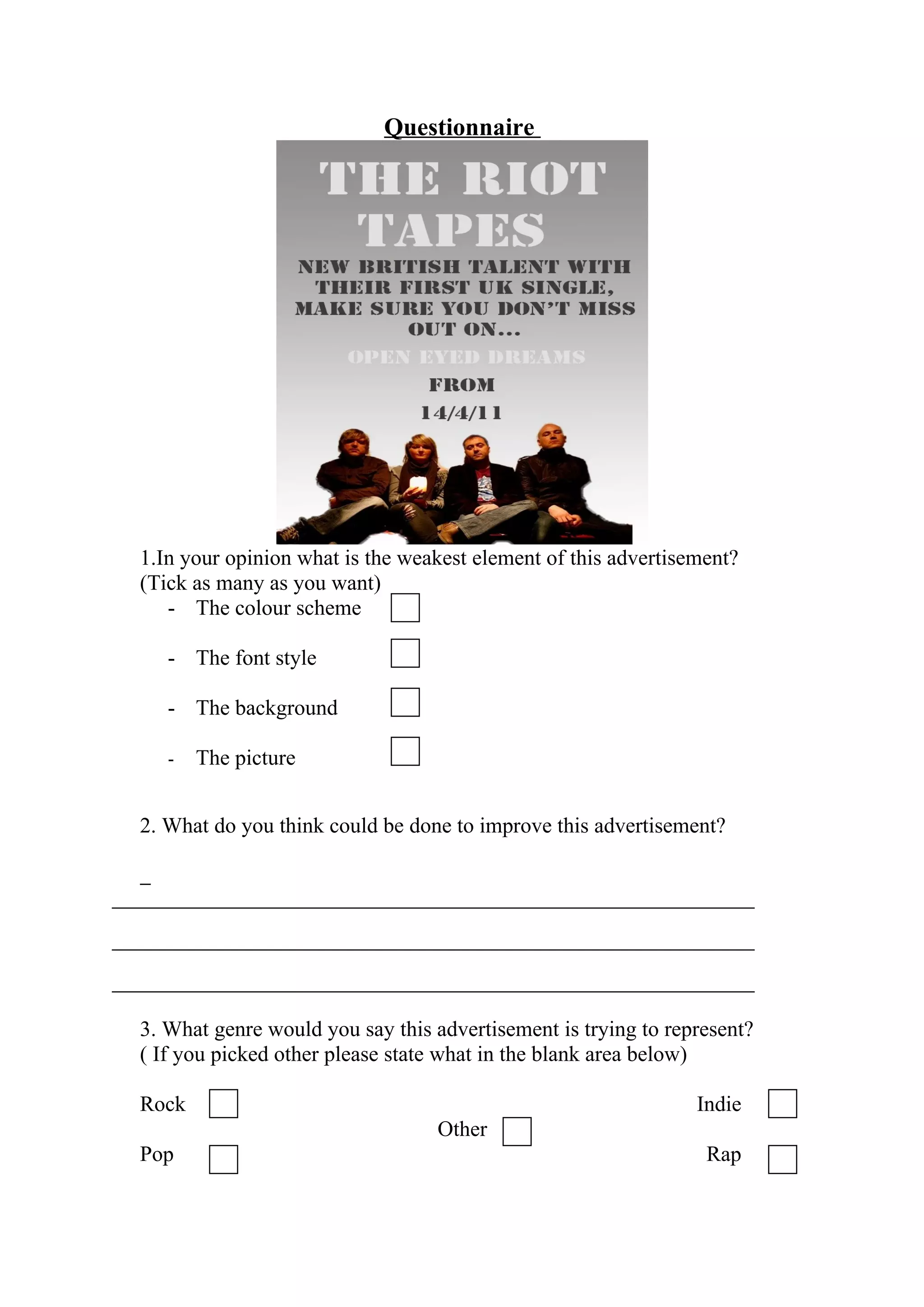 Questionnaire for magazine advert | DOC