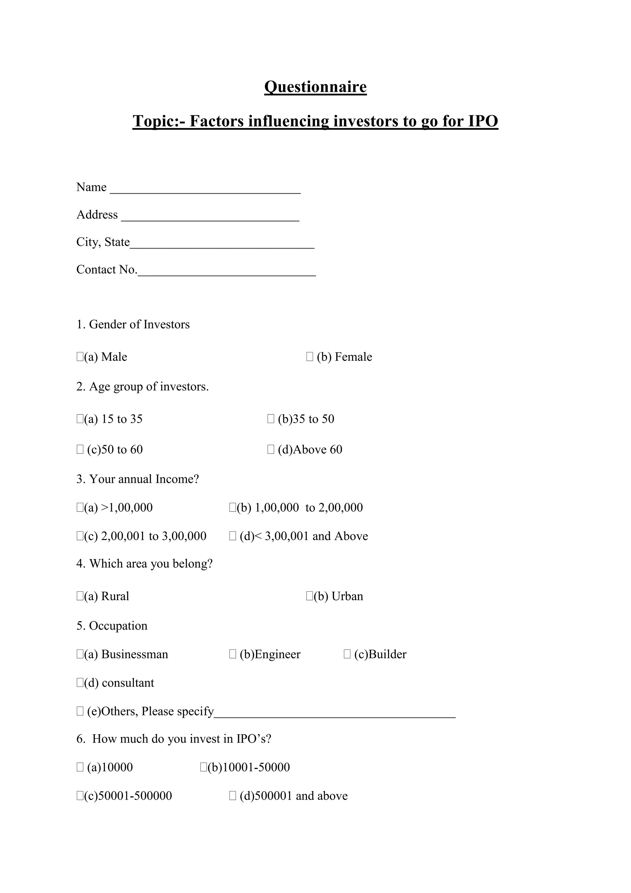 Questionnaire | DOCX | Stocks and Bonds | Personal Investing