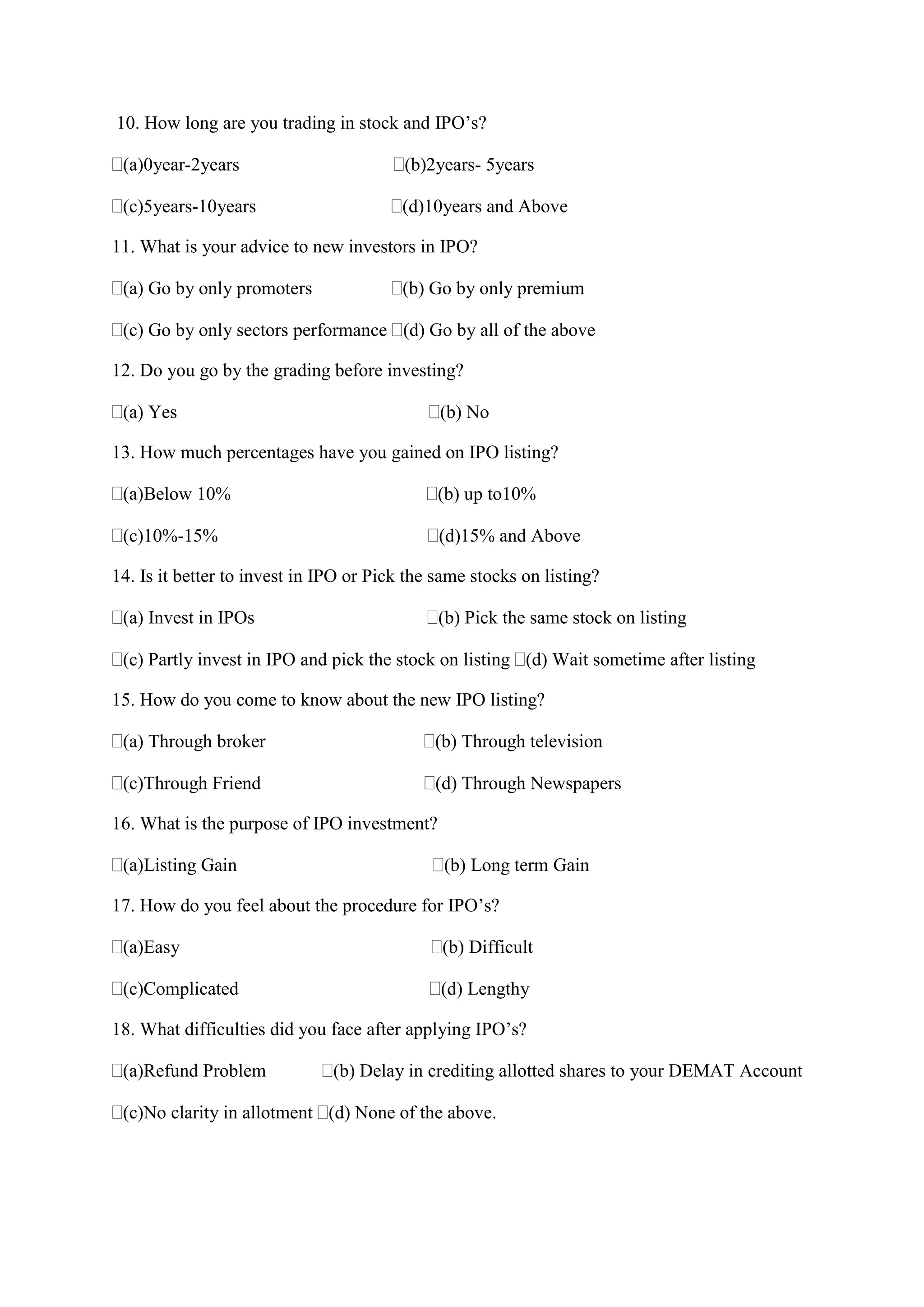 Questionnaire | DOCX | Stocks and Bonds | Personal Investing