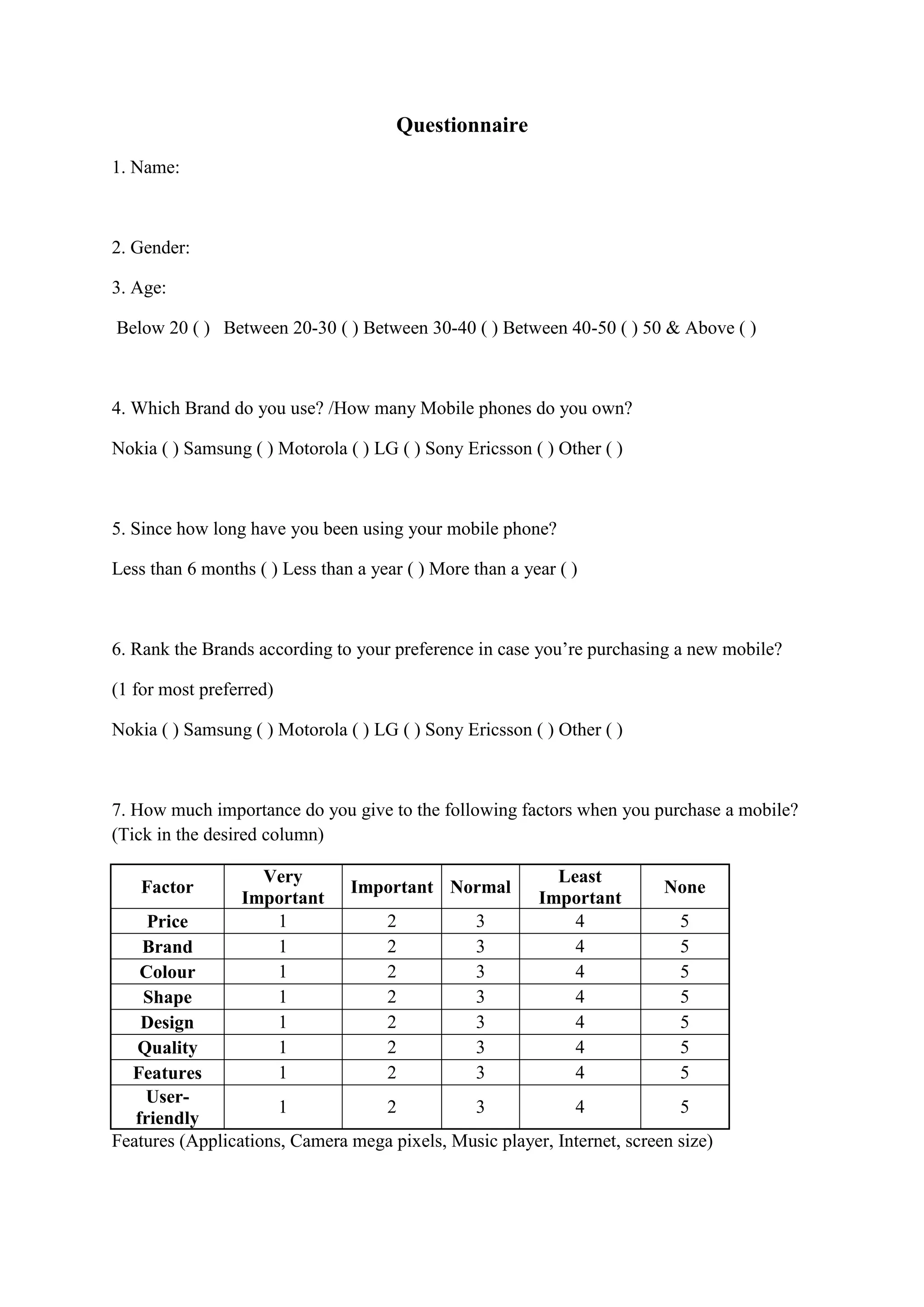 Questionnaire | DOCX