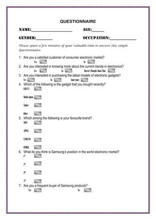 Questionnaire for the survey of electronics market(for school/college ...