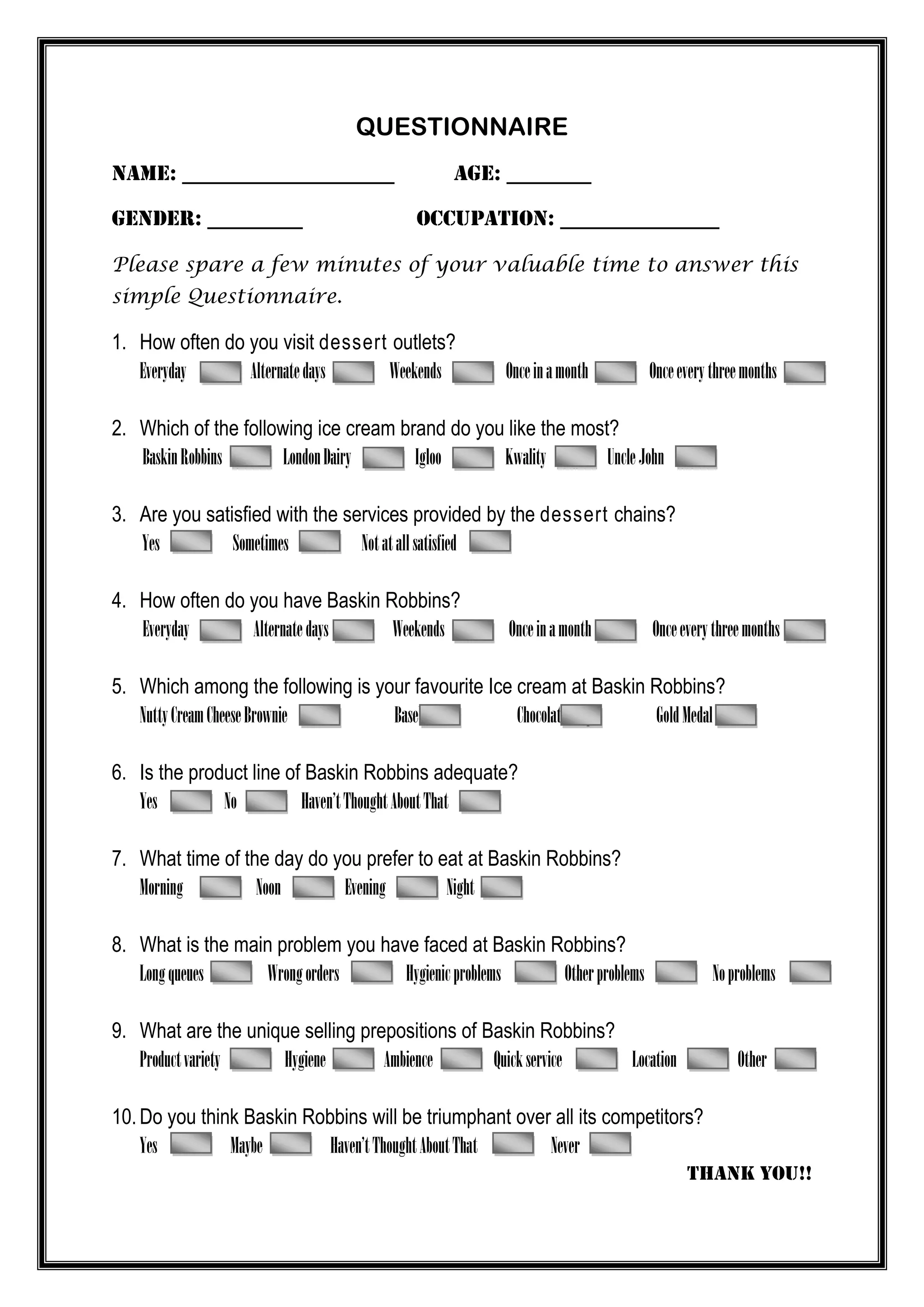 Questionnaire for the survey of dessert market / ice cream market ...