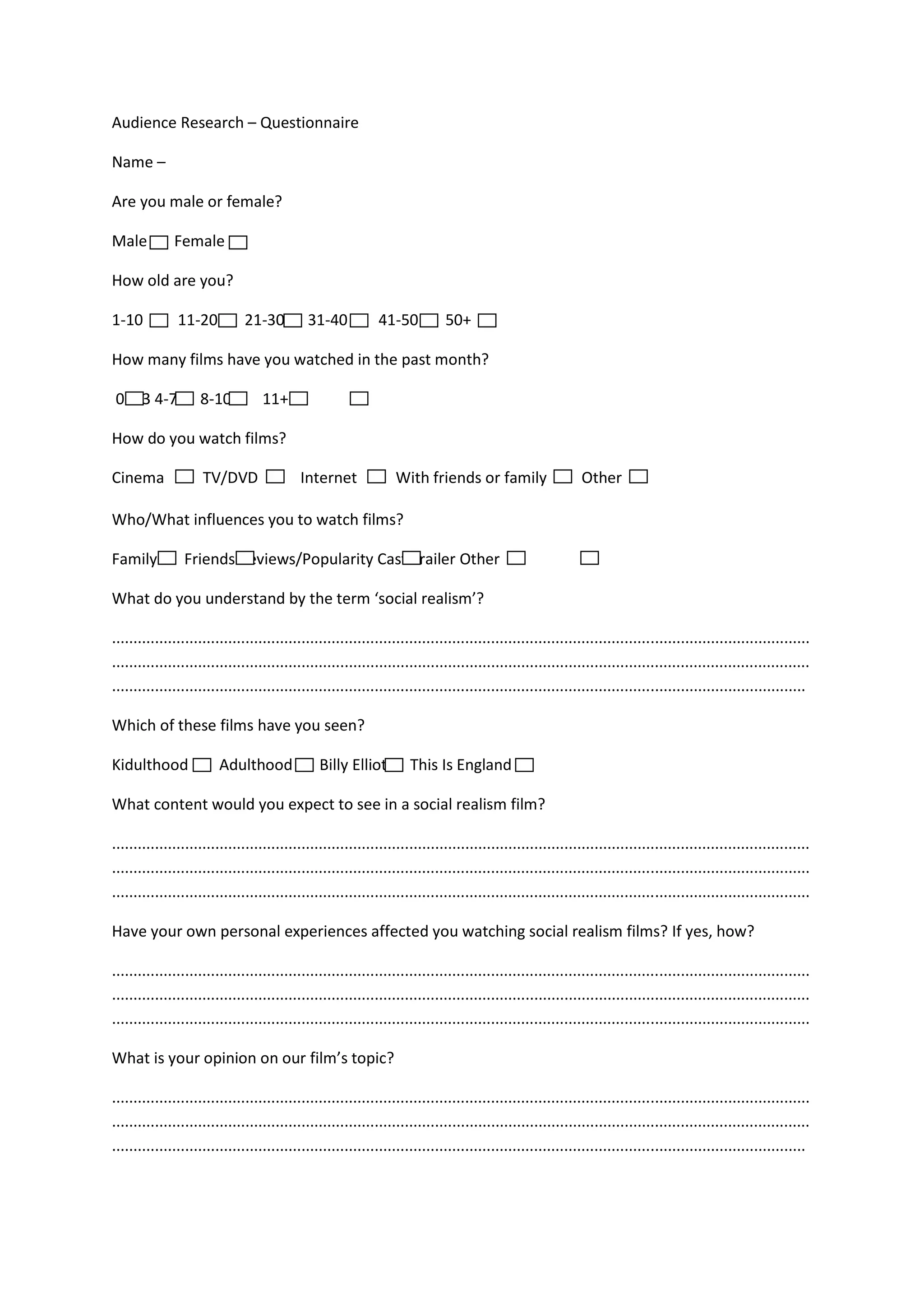 Questionnaire | DOCX | Genres