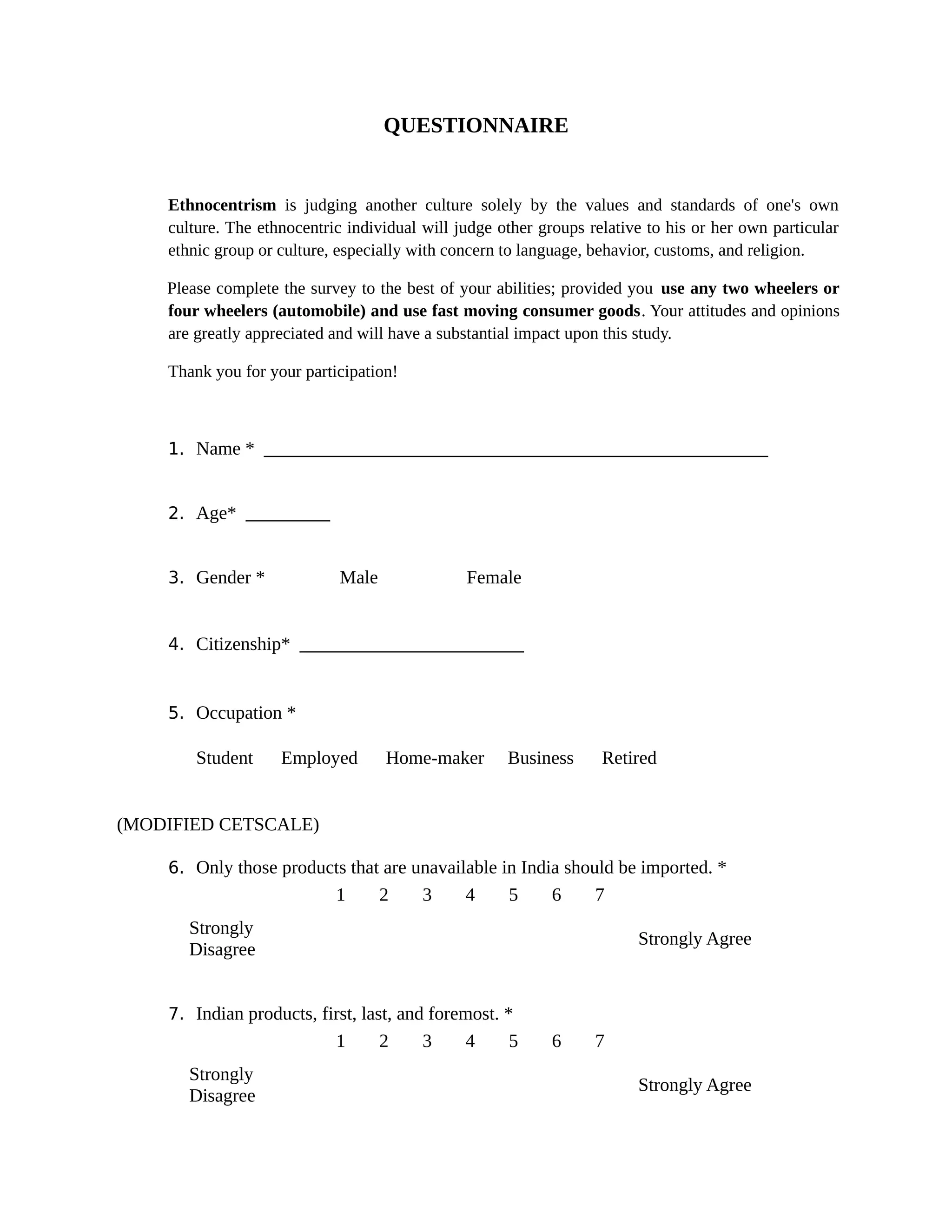 Questionnaire on Ethnocentrism | PDF