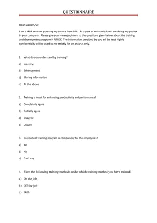 Questionnaire on training and development | DOC